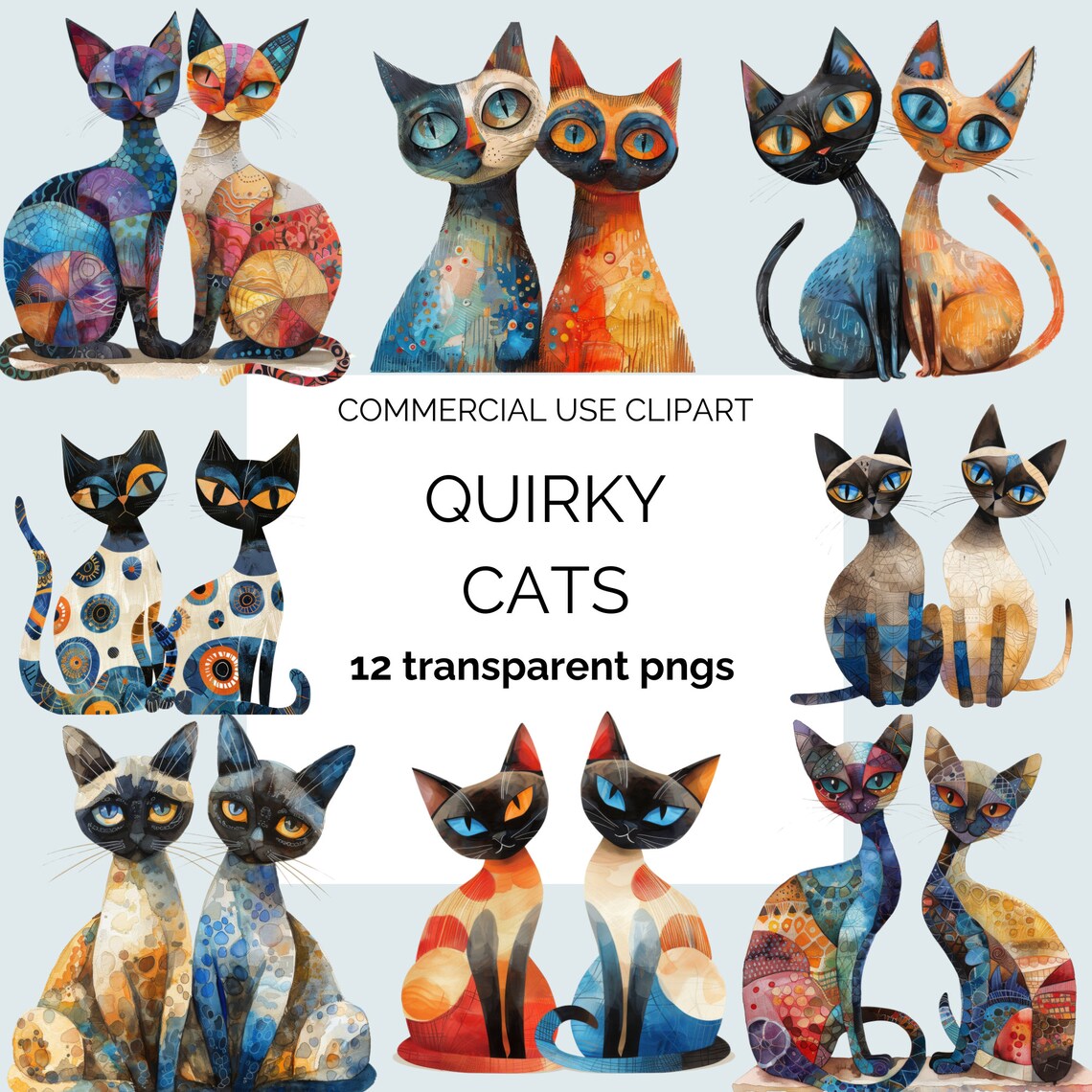 Quirky Colorful Cats. Siamese Cat. Folk Art Style. Kitties, Kittens ...