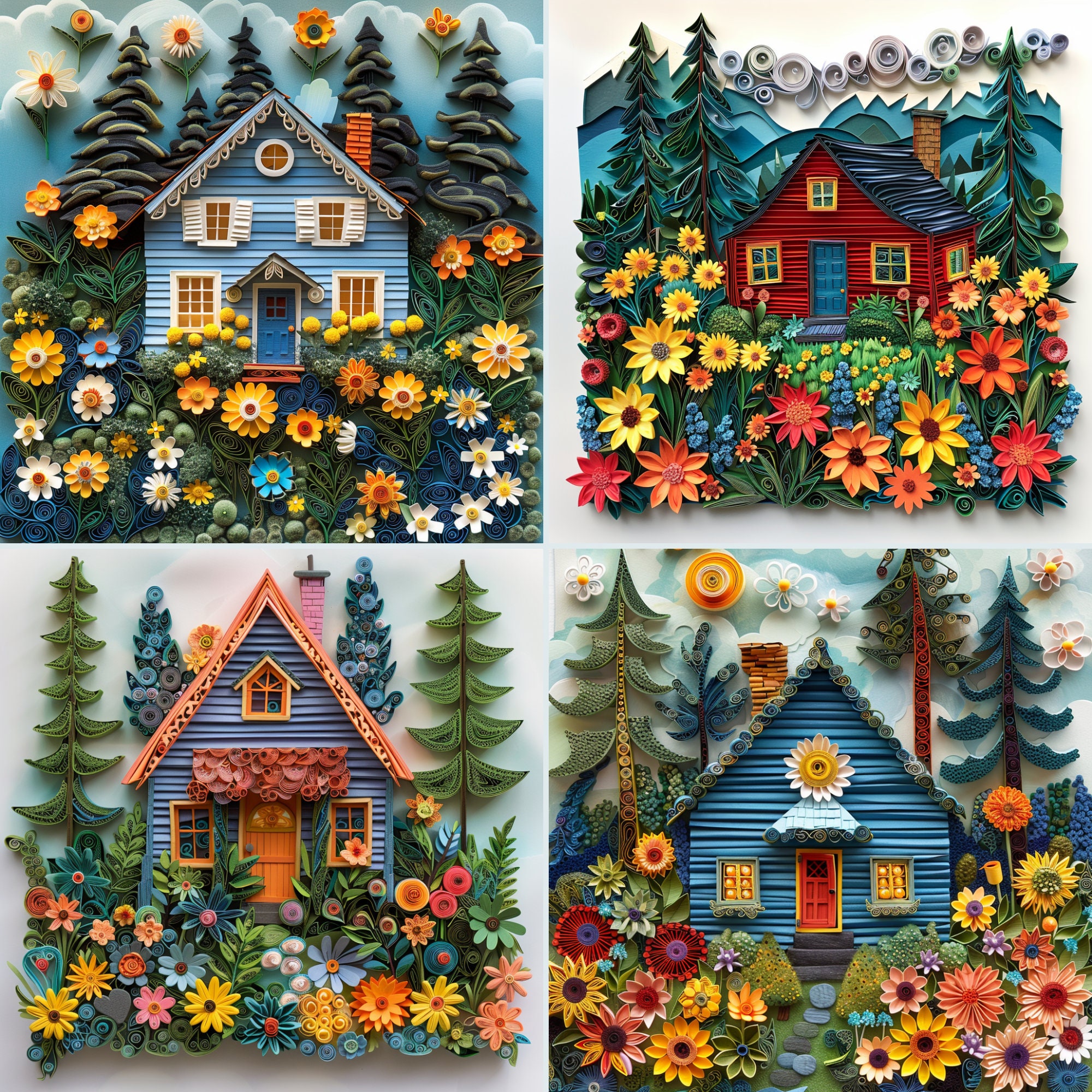 Folk Art Houses Digital Papers, Colorful Houses, Paper Quilling ...