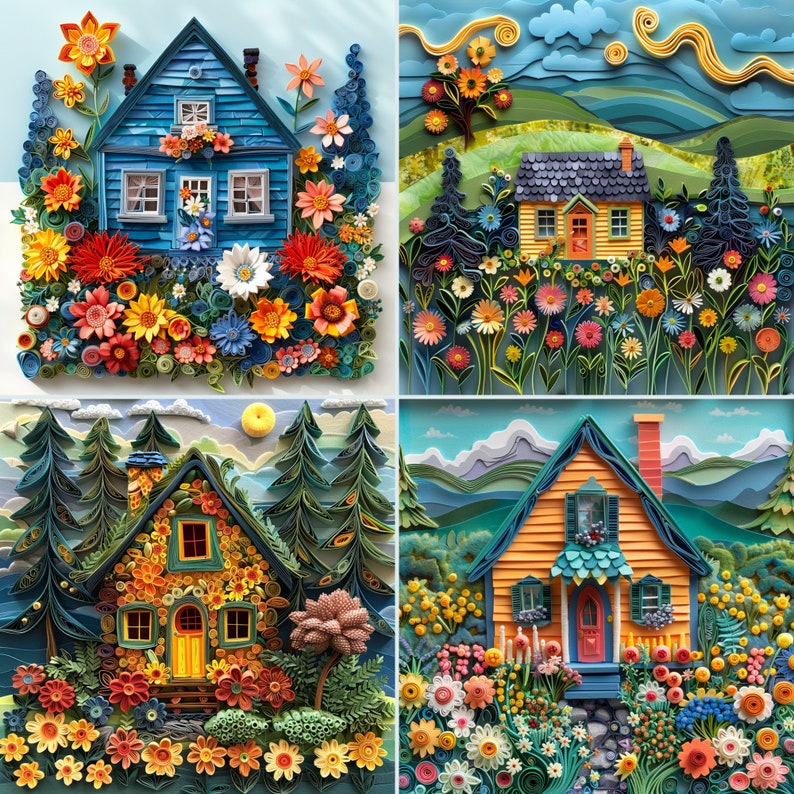 Folk Art Houses Digital Papers, Colorful Houses, Paper Quilling ...