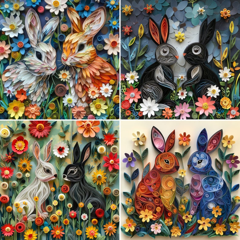 Folk Art Bunnies, Quirky Bunny, Flowers and Rabbits, Digital Paper ...