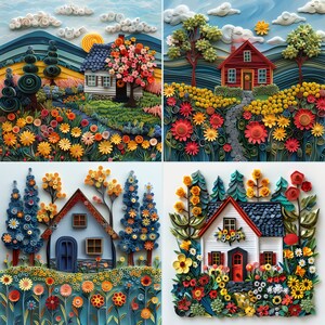 Folk Art Houses Digital Papers, Colorful Houses, Paper Quilling ...
