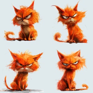 Angry Orange Cats Mad Feline Crazy Kitty Watercolor Transparent Chaotic ...