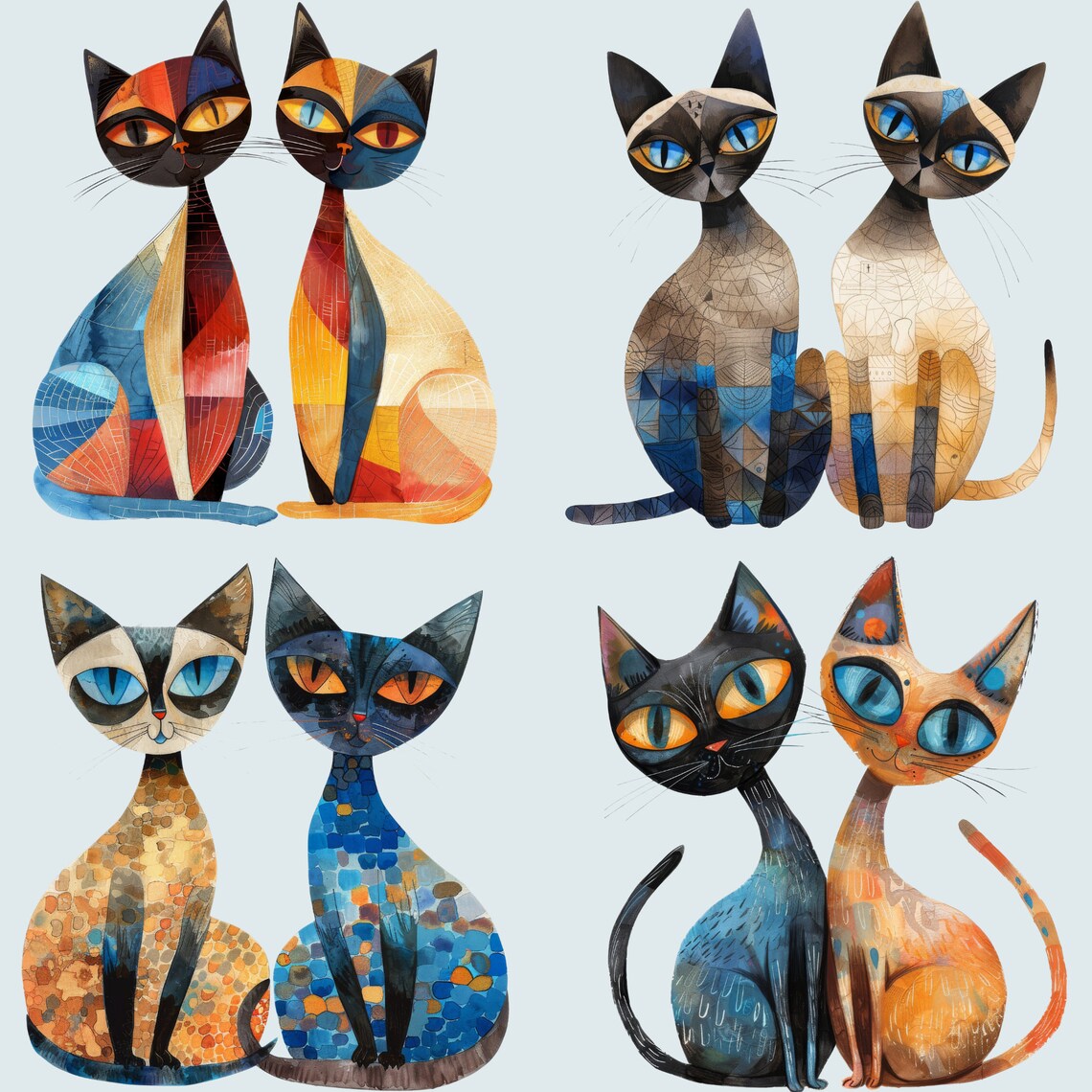 Quirky Colorful Cats. Siamese Cat. Folk Art Style. Kitties, Kittens ...
