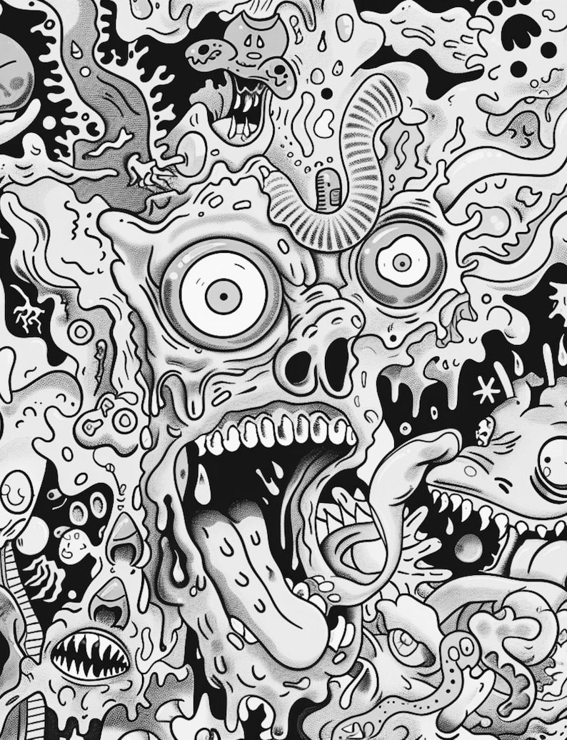 79 Psychedelic Alien Doodle Art Grayscale and Black & White Coloring ...