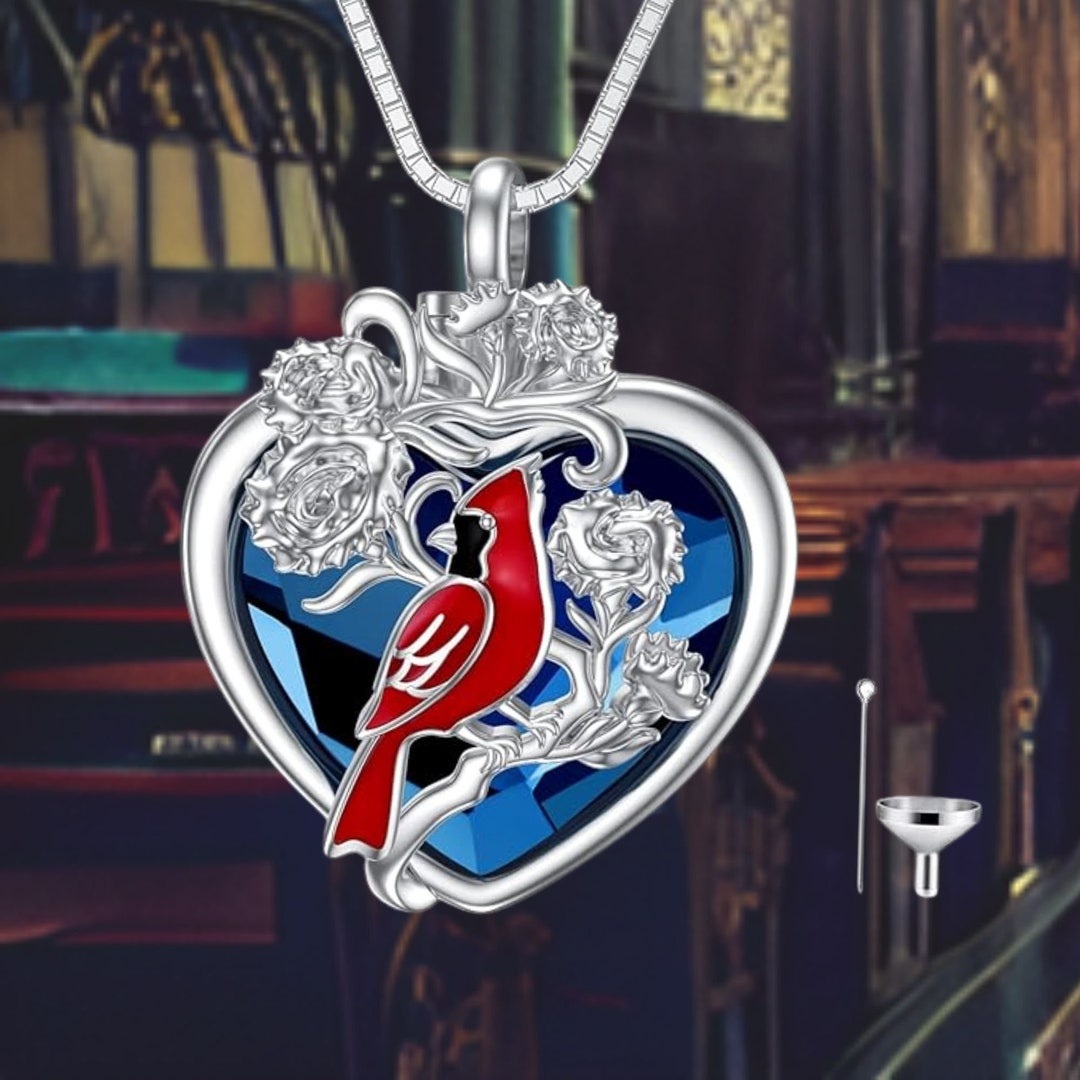 Cardinal Urn Necklace Crystal Heart Locket Necklace for Ashes 925 ...