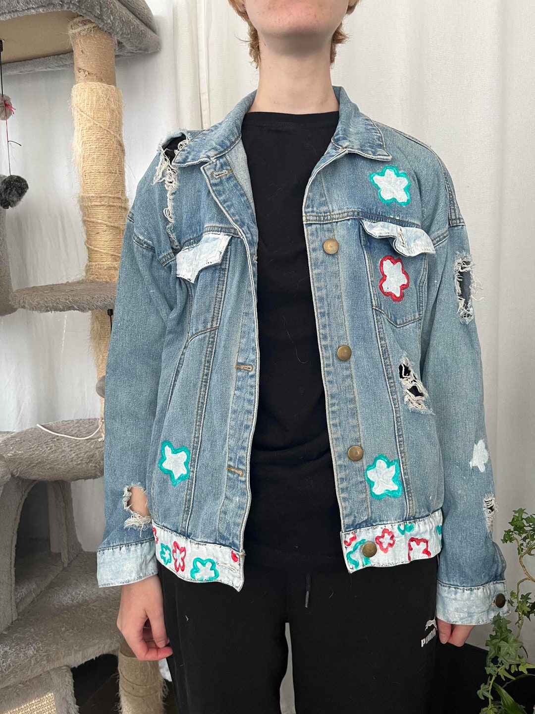 Hand Painted Flower Denim Jacket, Ripped Jean Jacket, Upscaled Custom ...