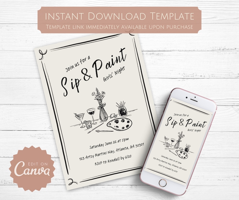 Hand Drawn Sip and Paint Invitation Template Girls Night Paint Party ...