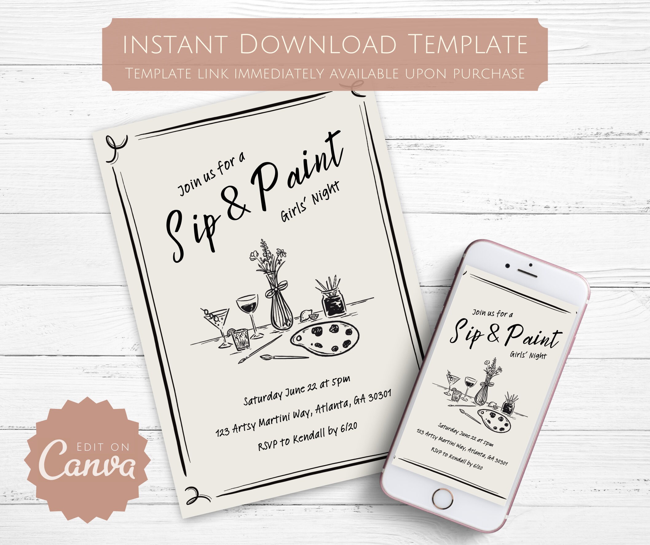 Hand Drawn Sip and Paint Invitation Template Girls Night Paint Party ...