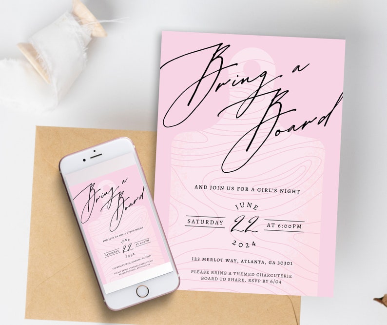 Pink Charcuterie Board Party Printable Invitation Template Girls Night ...