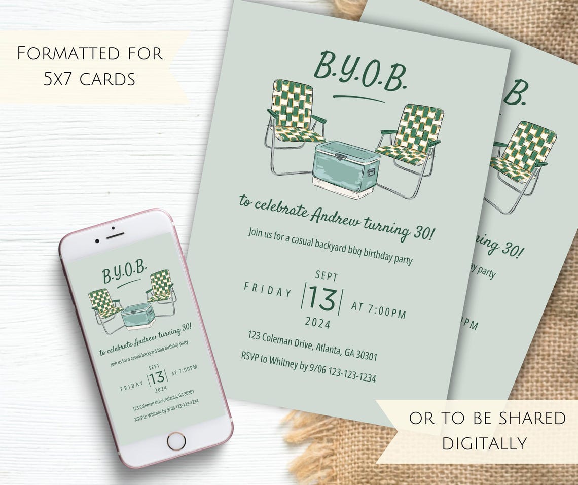 BYOB Party Invitation Template 30th Birthday Invite for Men Backyard ...