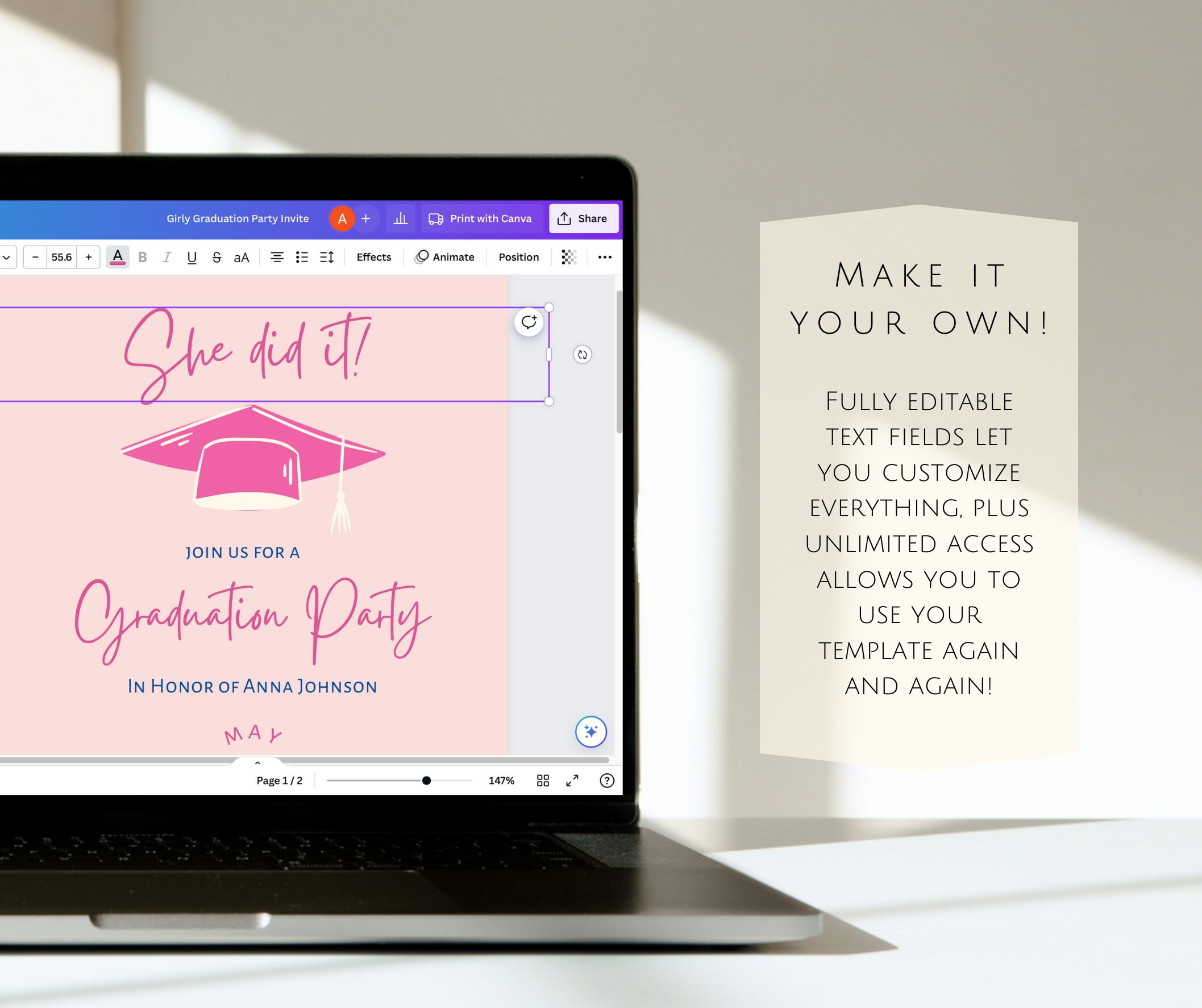 Girly Graduation Party Invitation Digital Download Editable Template ...