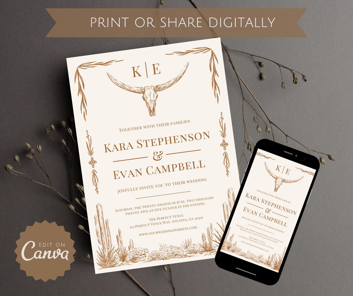 Rustic Western Wedding Invitation Template | Elegant Desert Wedding ...