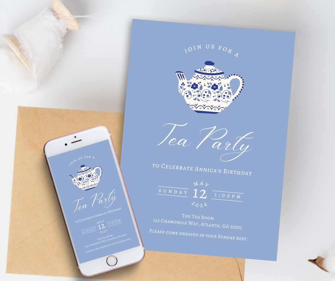 Blue and White Vintage Tea Party Invitation Template Floral Something ...