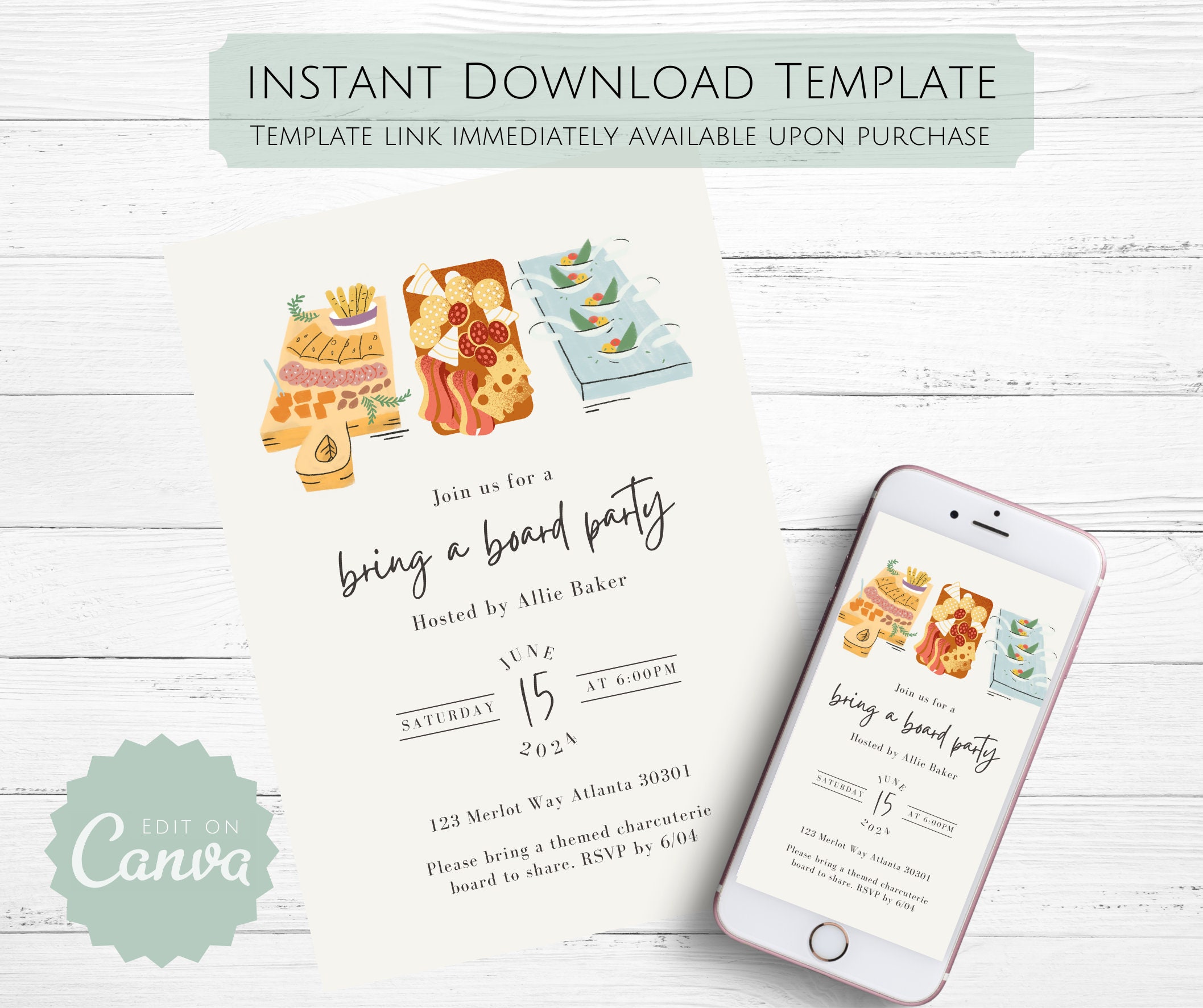 Cute Charcuterie Board Party Invitation Template Girls Night Invite ...