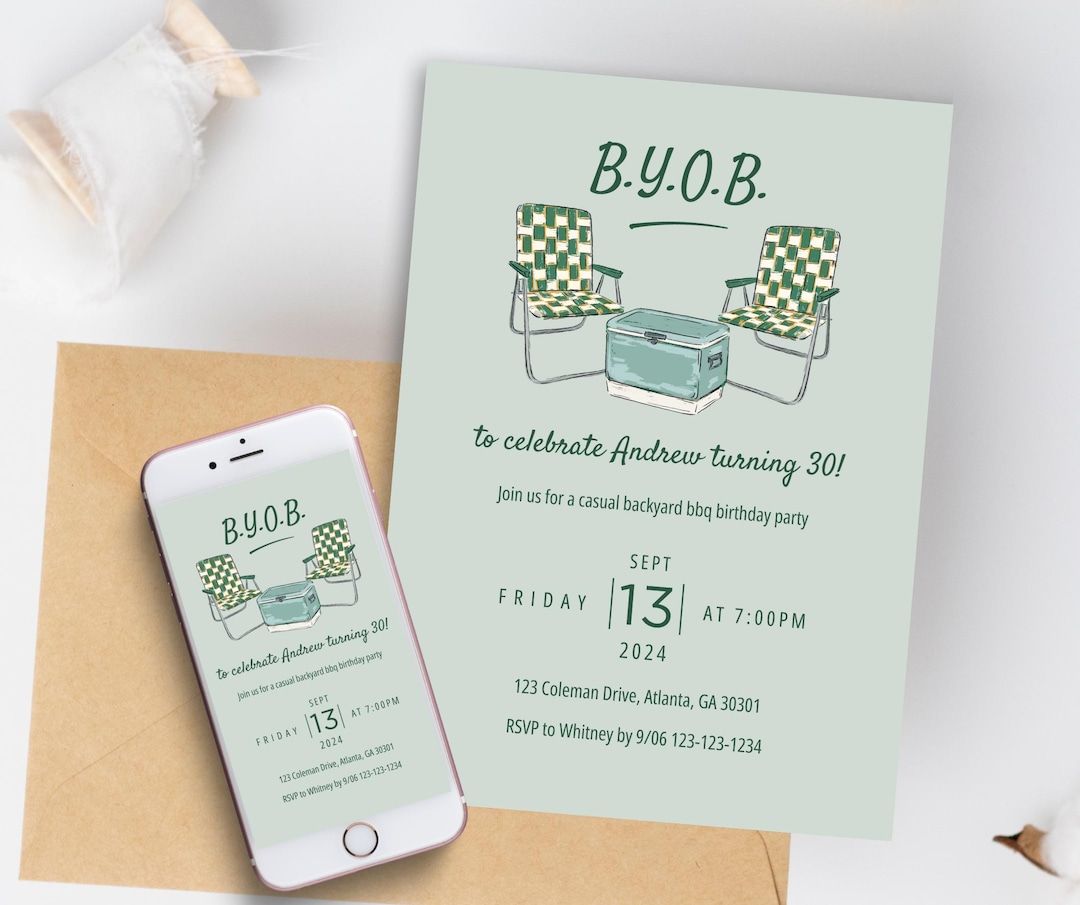 BYOB Party Invitation Template 30th Birthday Invite for Men Backyard ...