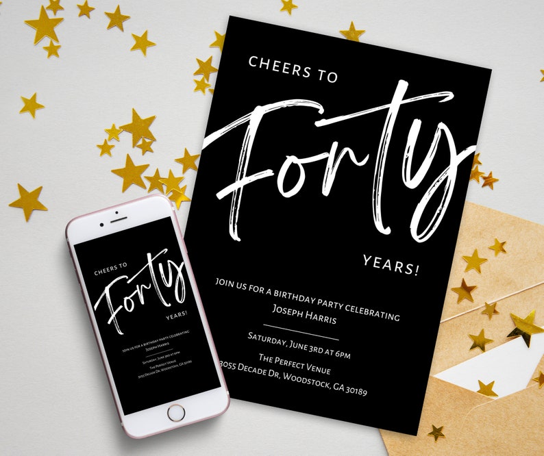 Cheers to 40 Years Invitation | Minimalist Modern Milestone Birthday ...