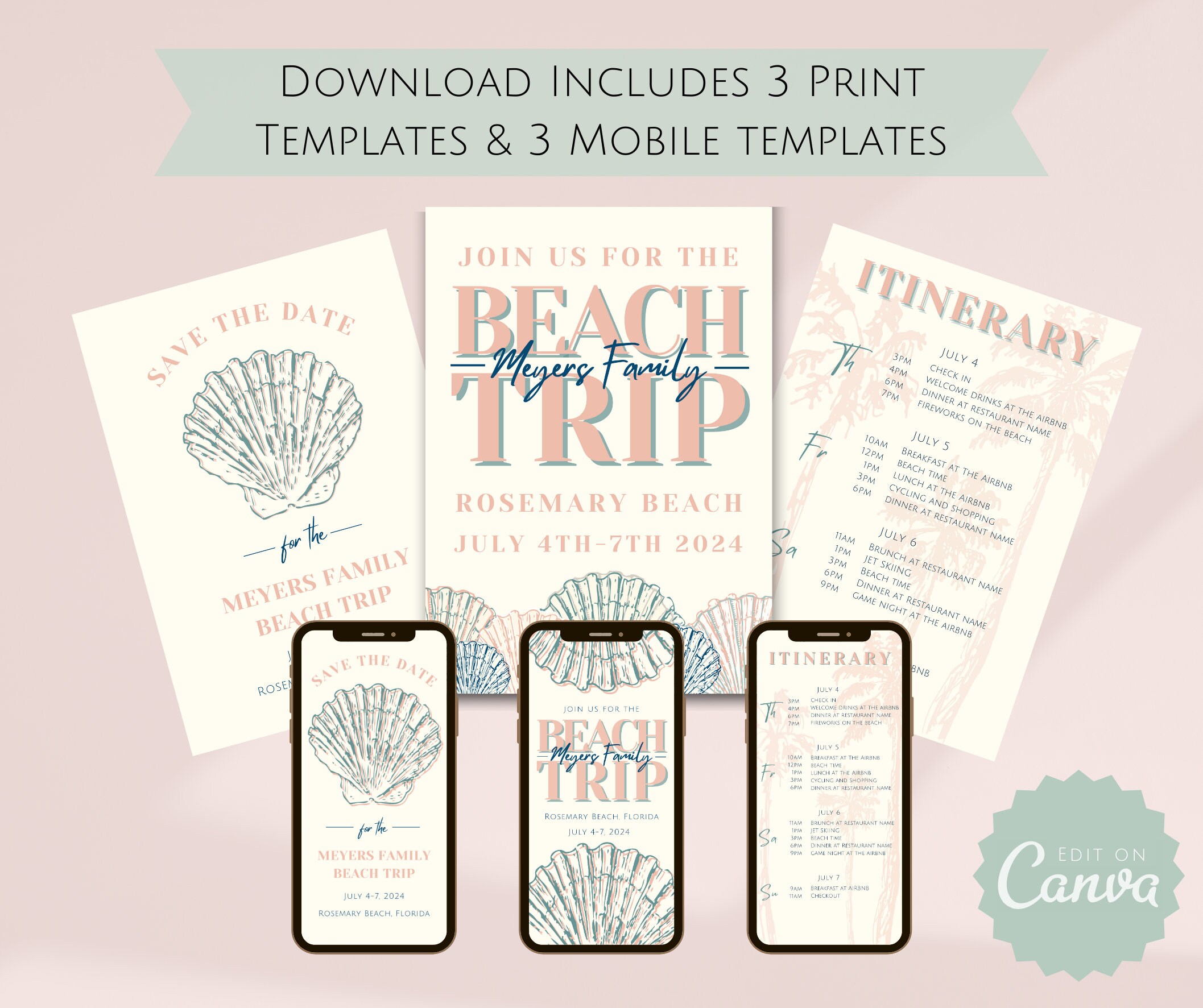 Family Beach Trip Invitation and Itinerary Printable Templates | Family ...