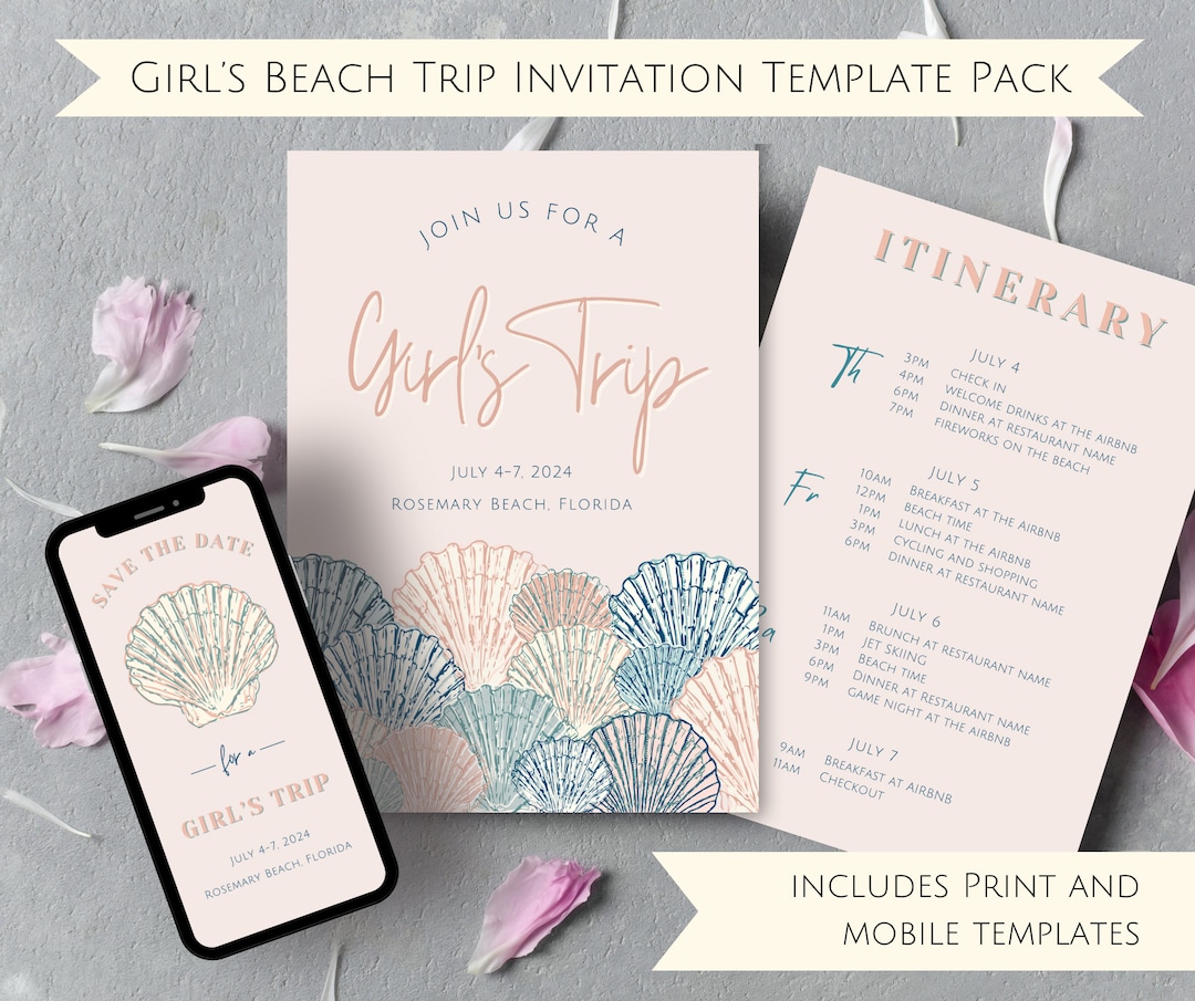 Girl's Beach Trip Invitation and Mobile Itinerary Templates | Pink ...