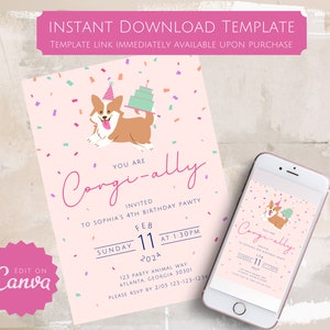Corgi Birthday Party Invitation Template Pastel Birthday Party Invite ...
