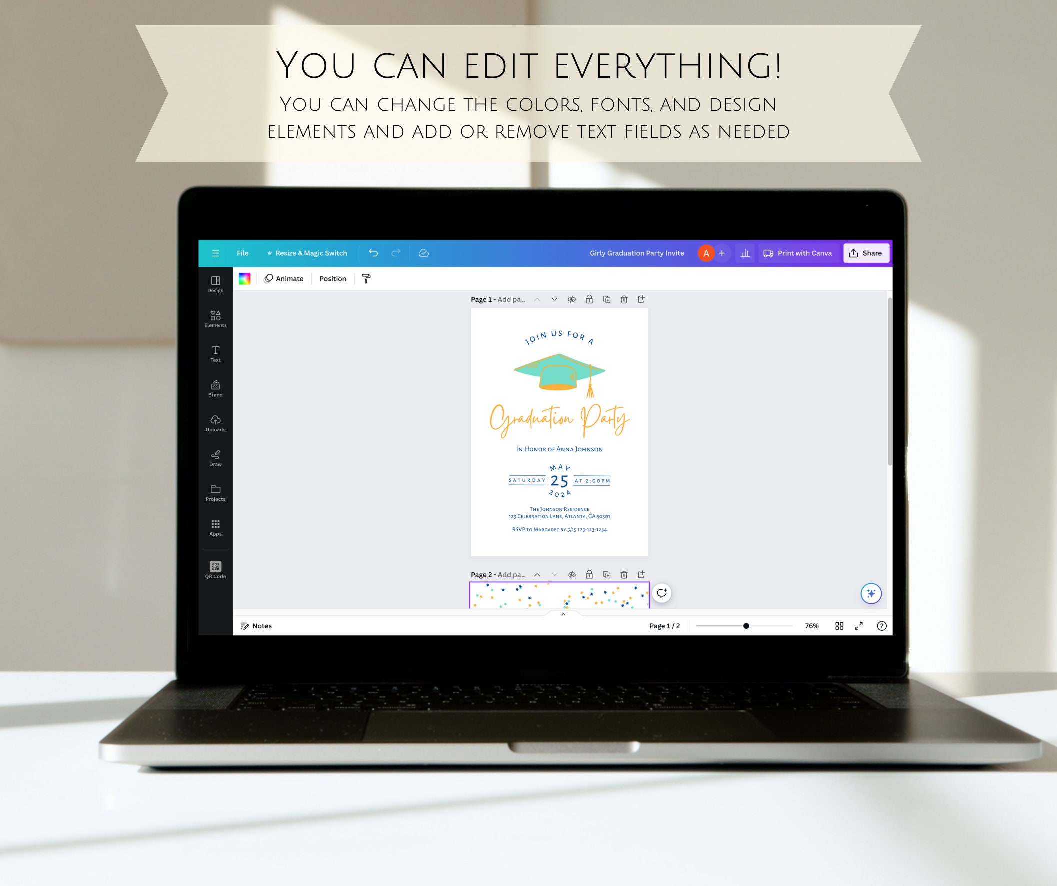 Girly Graduation Party Invitation Digital Download Editable Template ...