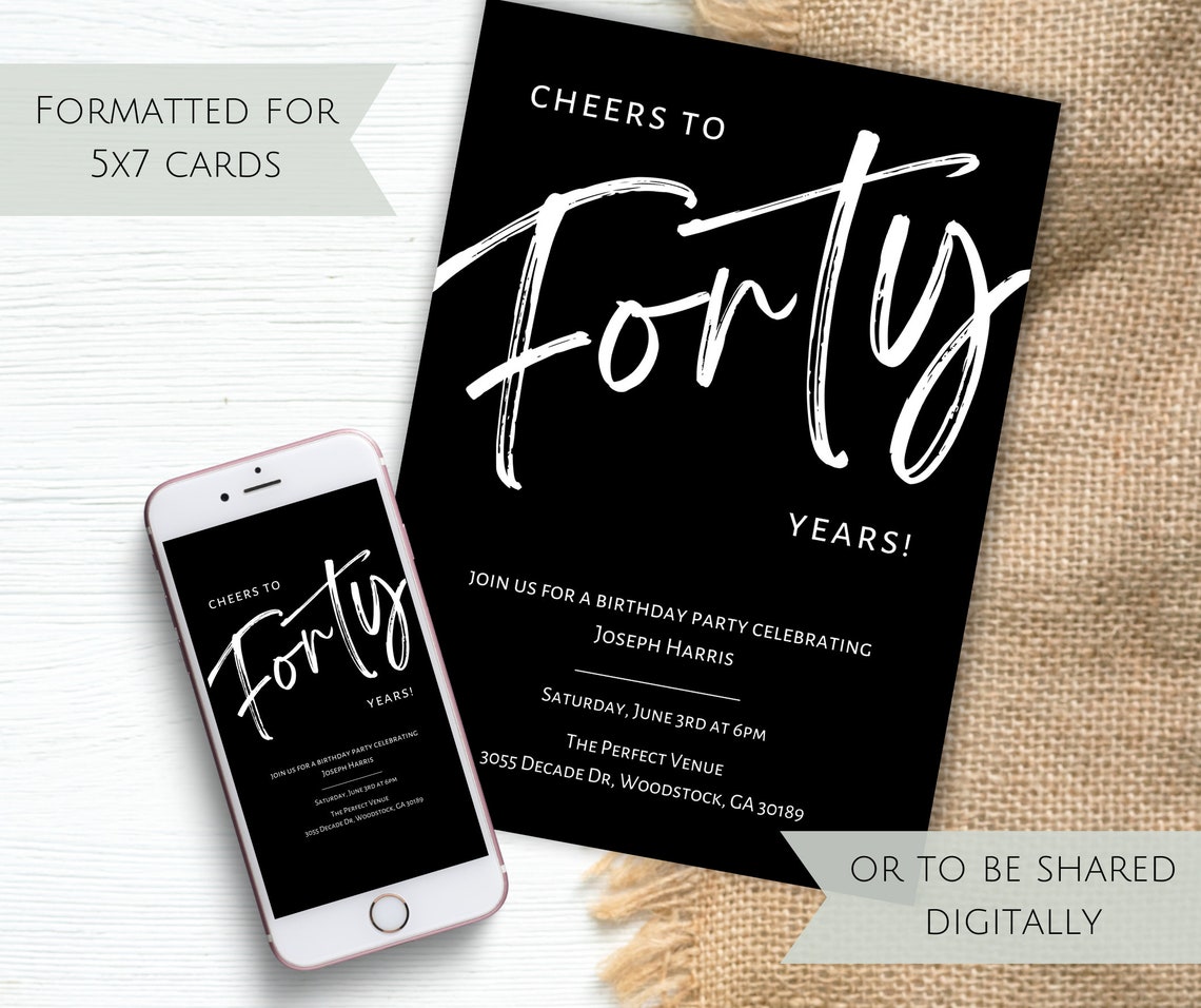 Cheers to 40 Years Invitation | Minimalist Modern Milestone Birthday ...