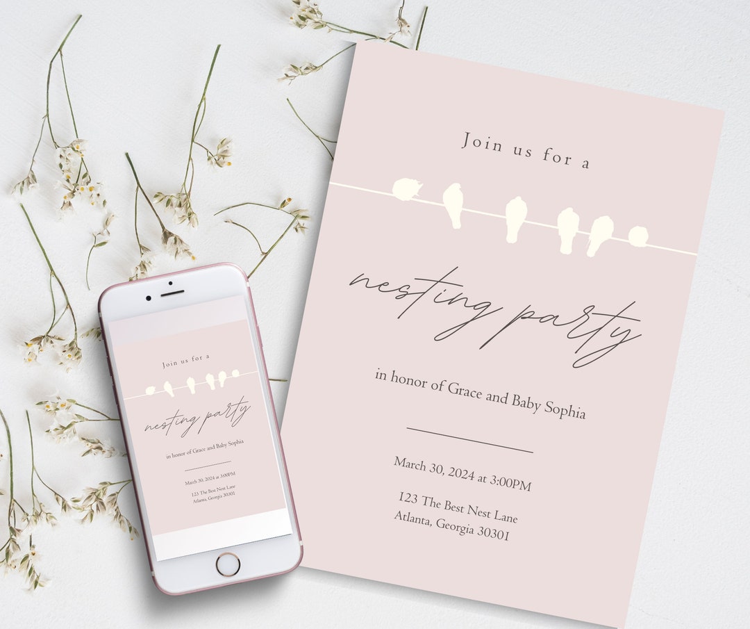 Nesting Party Invitation Template | Blush Pink Bird Baby Shower Invite ...