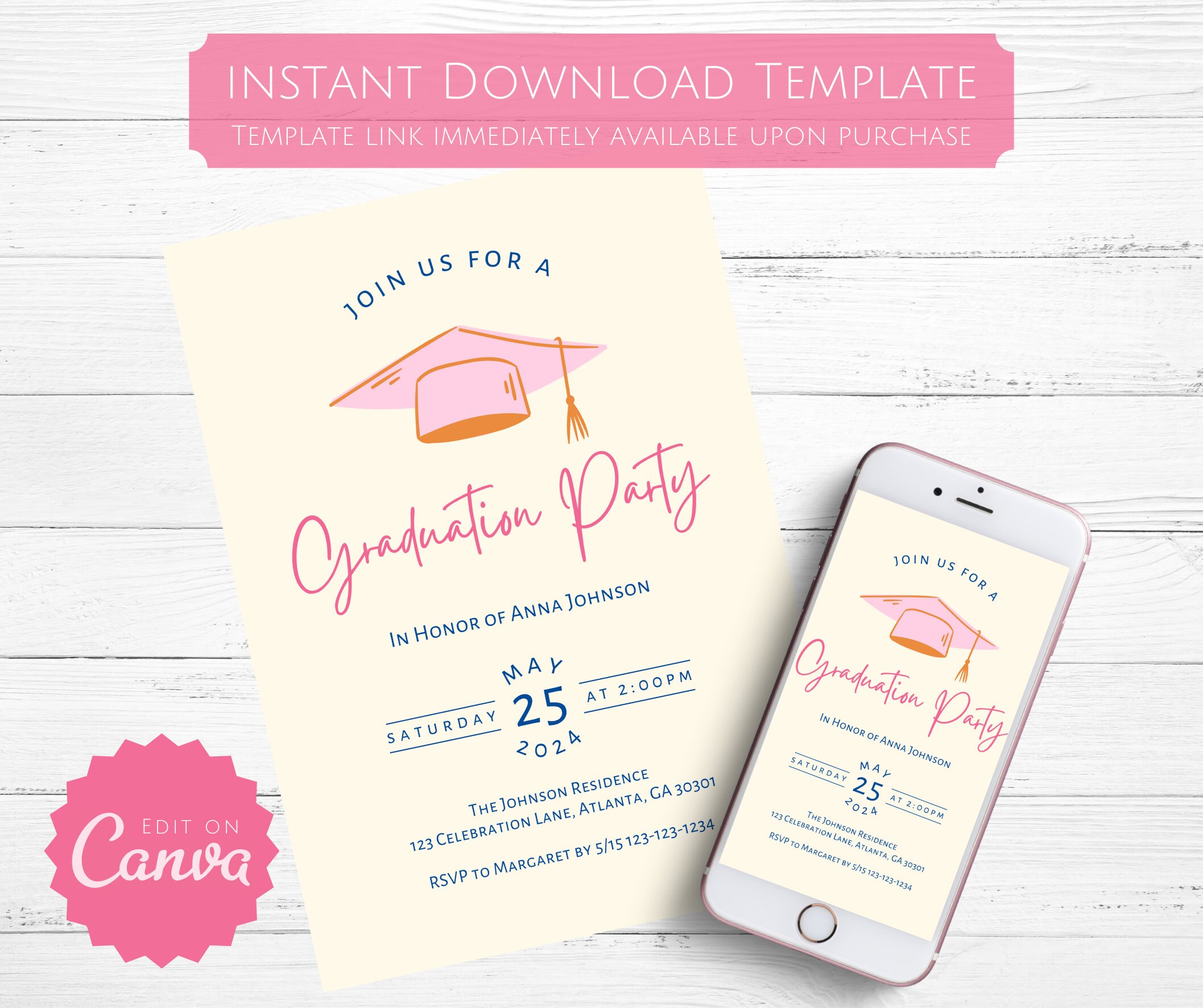 Girly Graduation Party Invitation Digital Download Editable Template ...