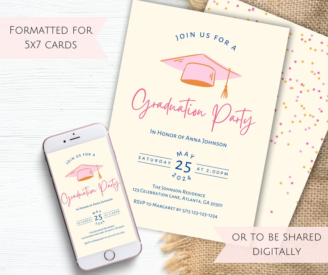 Girly Graduation Party Invitation Digital Download Editable Template ...