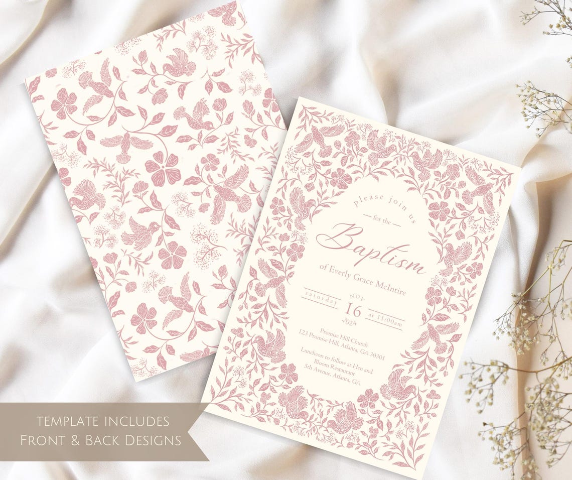 Vintage Pink Floral Baptism Invitation Template | Baby Dedication ...