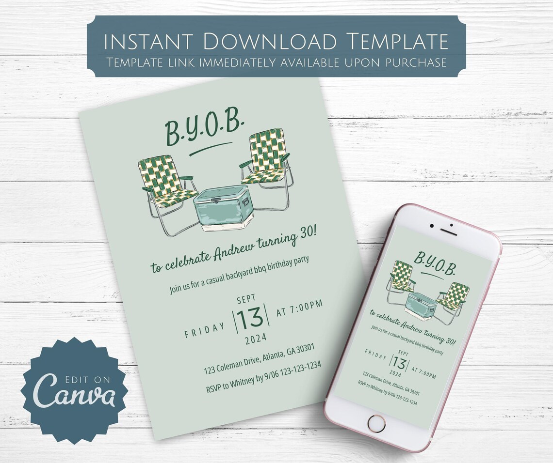 BYOB Party Invitation Template 30th Birthday Invite for Men Backyard ...