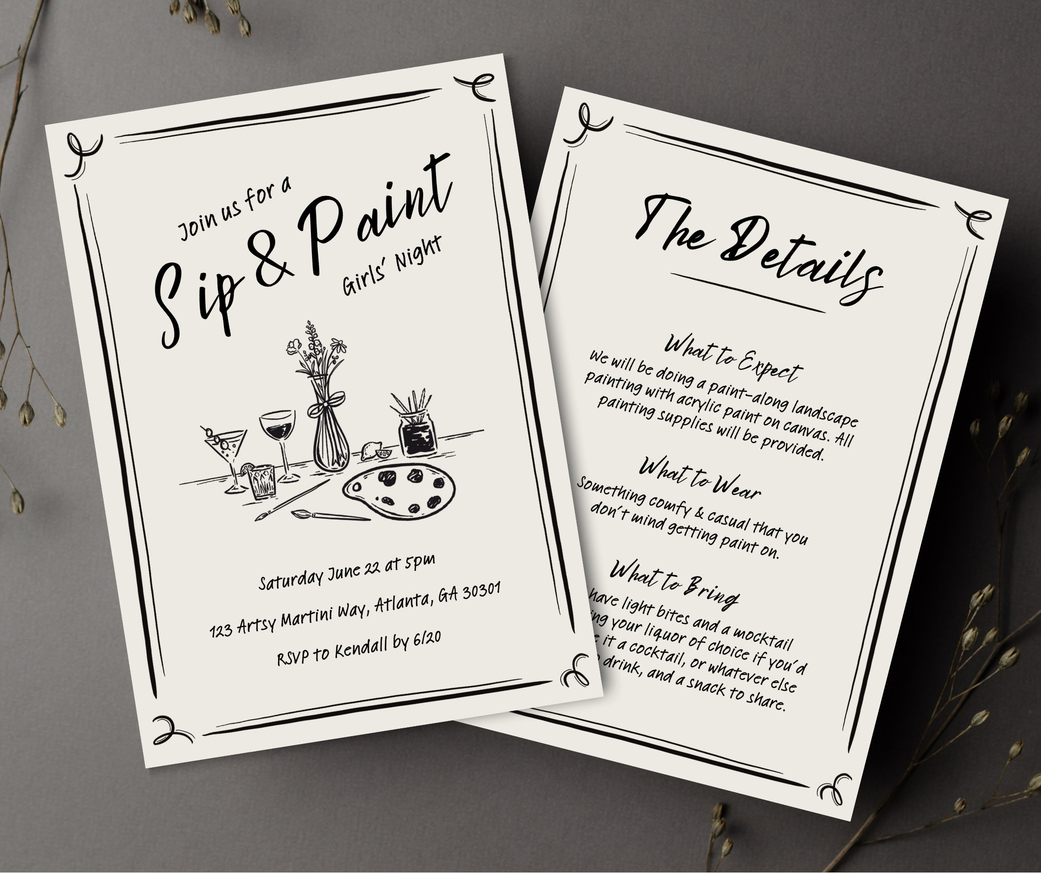 Hand Drawn Sip and Paint Invitation Template Girls Night Paint Party ...