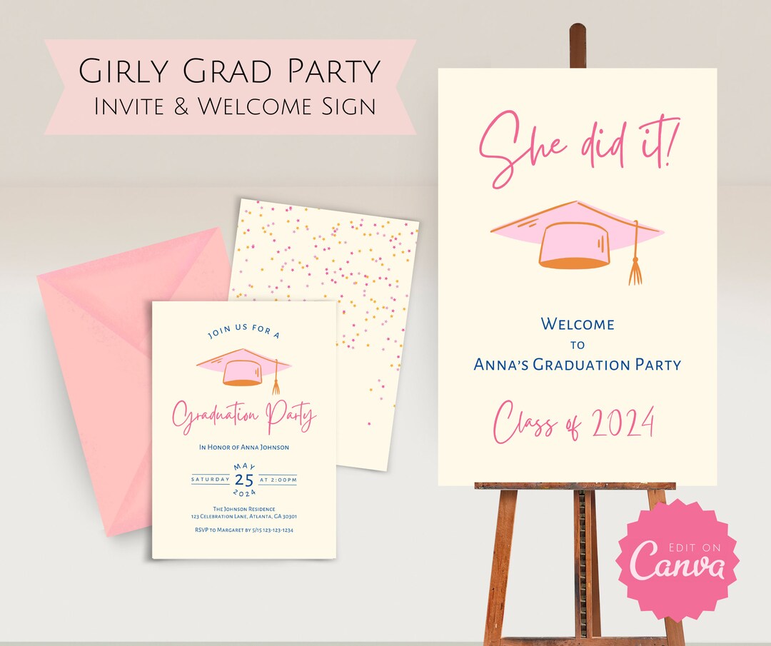 Girly Graduation Party Invitation and Welcome Sign | Digital Download ...