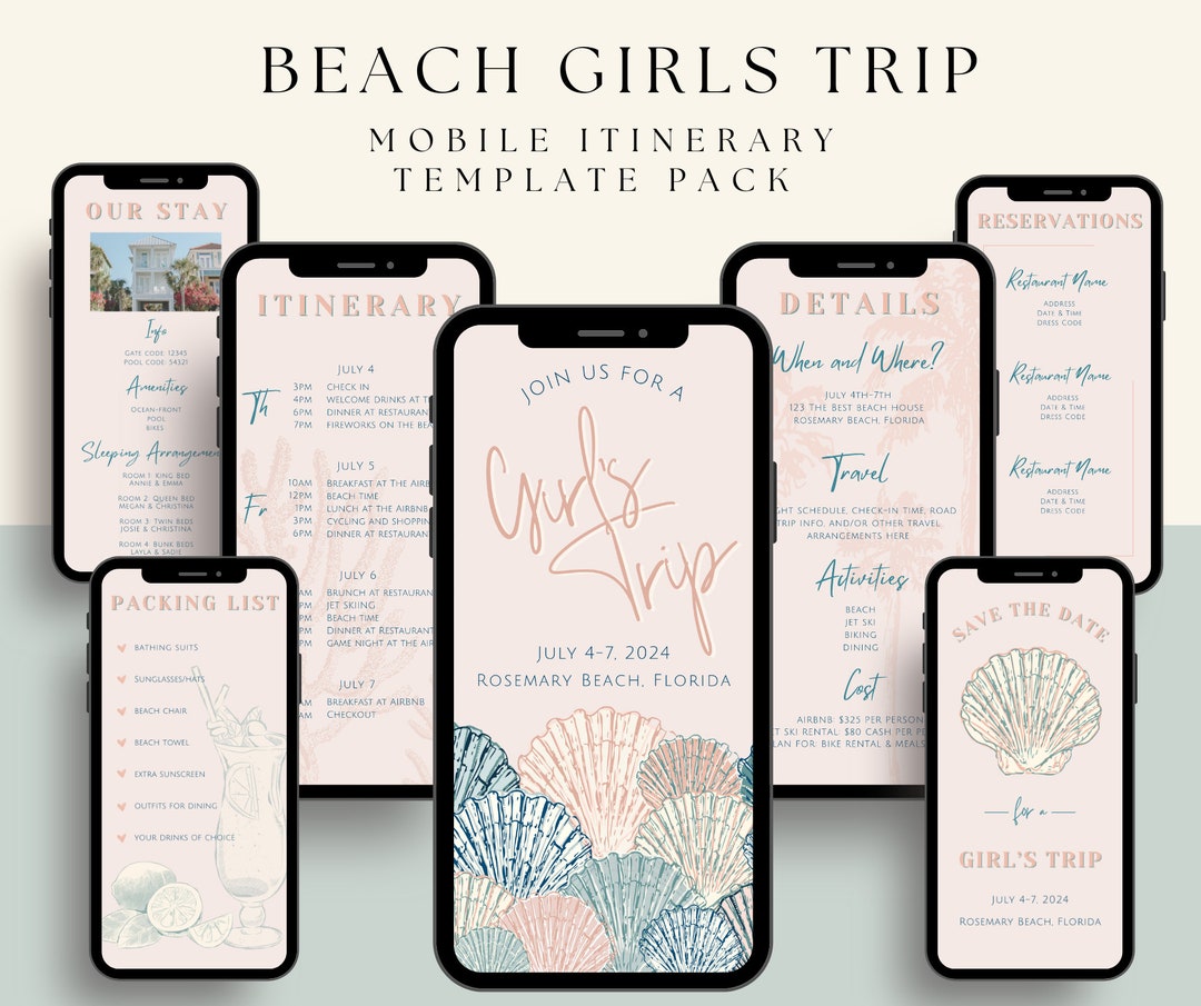 Girls Trip Mobile Itinerary | Pink Beach Trip Invitation Digital ...