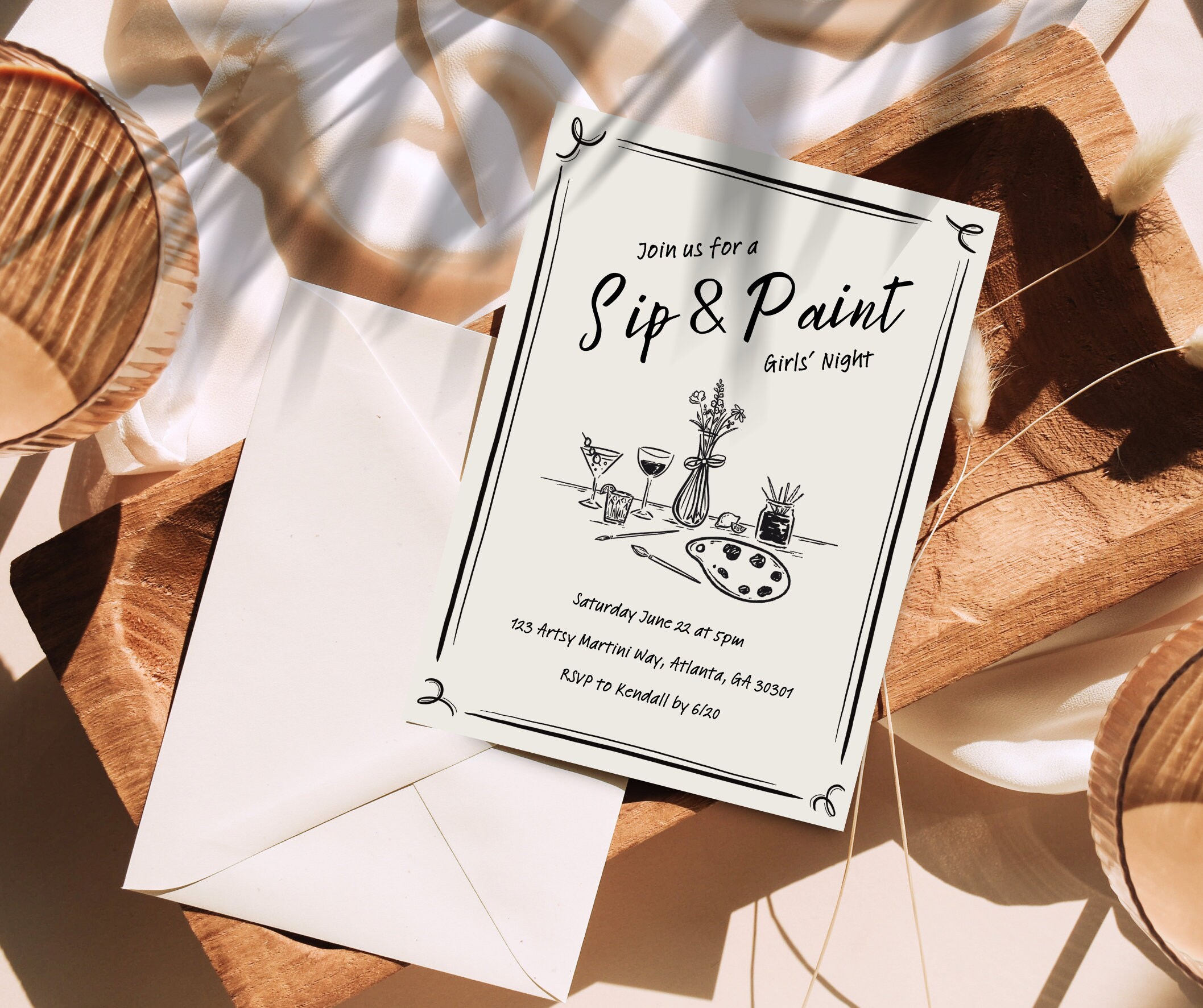 Hand Drawn Sip and Paint Invitation Template Girls Night Paint Party ...