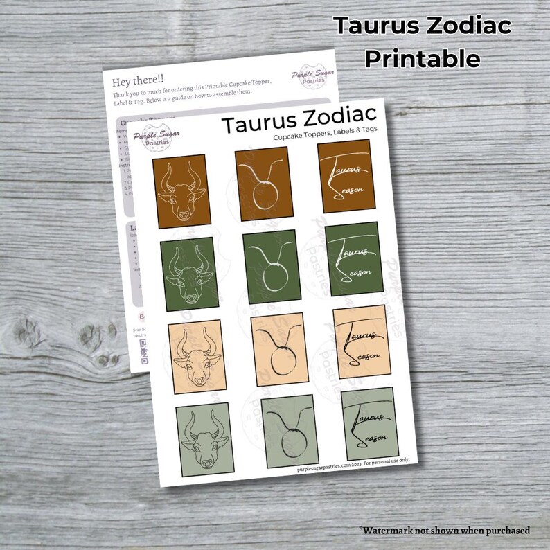 Taurus Zodiac Printable – Hand-drawn Cupcake Toppers, Tags, Labels ...