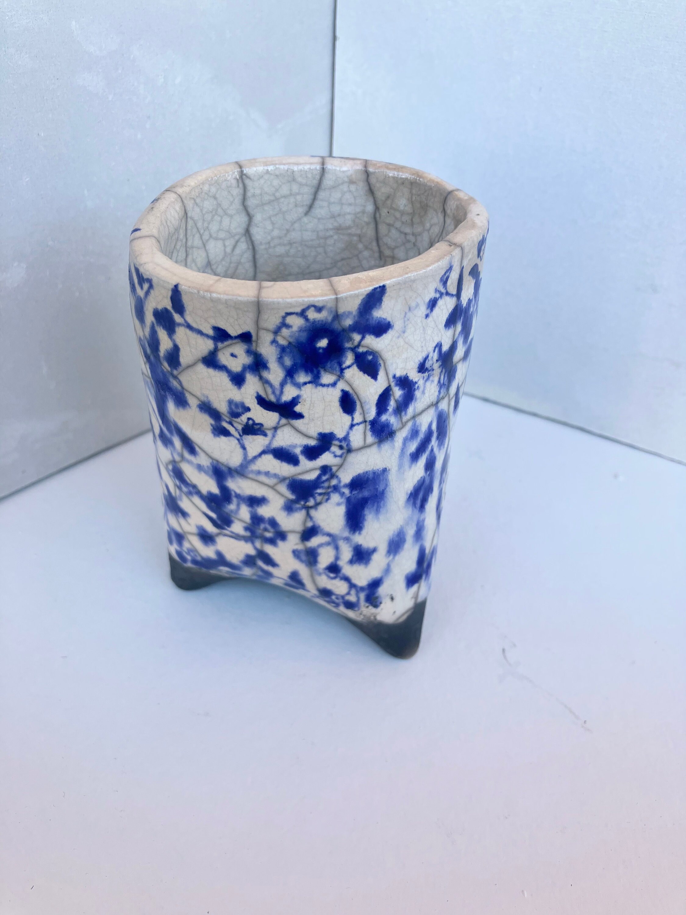 Vintage Blue Flower Vase| Raku Flower Vase| Dutch Design| Three Legged ...