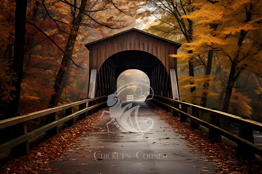 Fall Covered Bridge Digital Backdrop, Autumn Digital Backdrop for ...