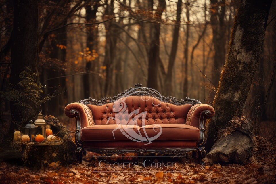 Fall Digital Backdrop With Vintage Couch in Woods, Autumn Digital ...