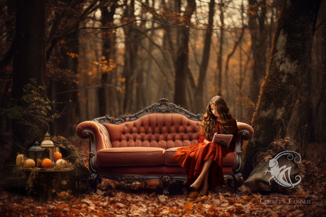Fall Digital Backdrop With Vintage Couch in Woods, Autumn Digital ...