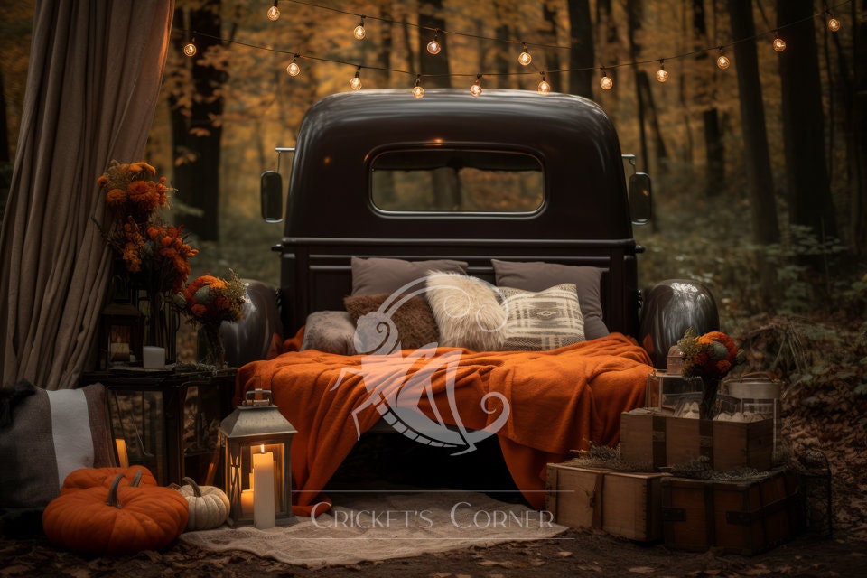 Fall Digital Backdrop With Vintage Truck in Woods, Autumn Digital ...