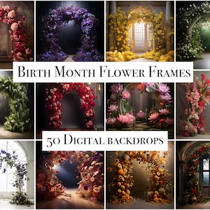 50 Birth Month Flower Frame Digital Backdrops, Studio Overlays ...