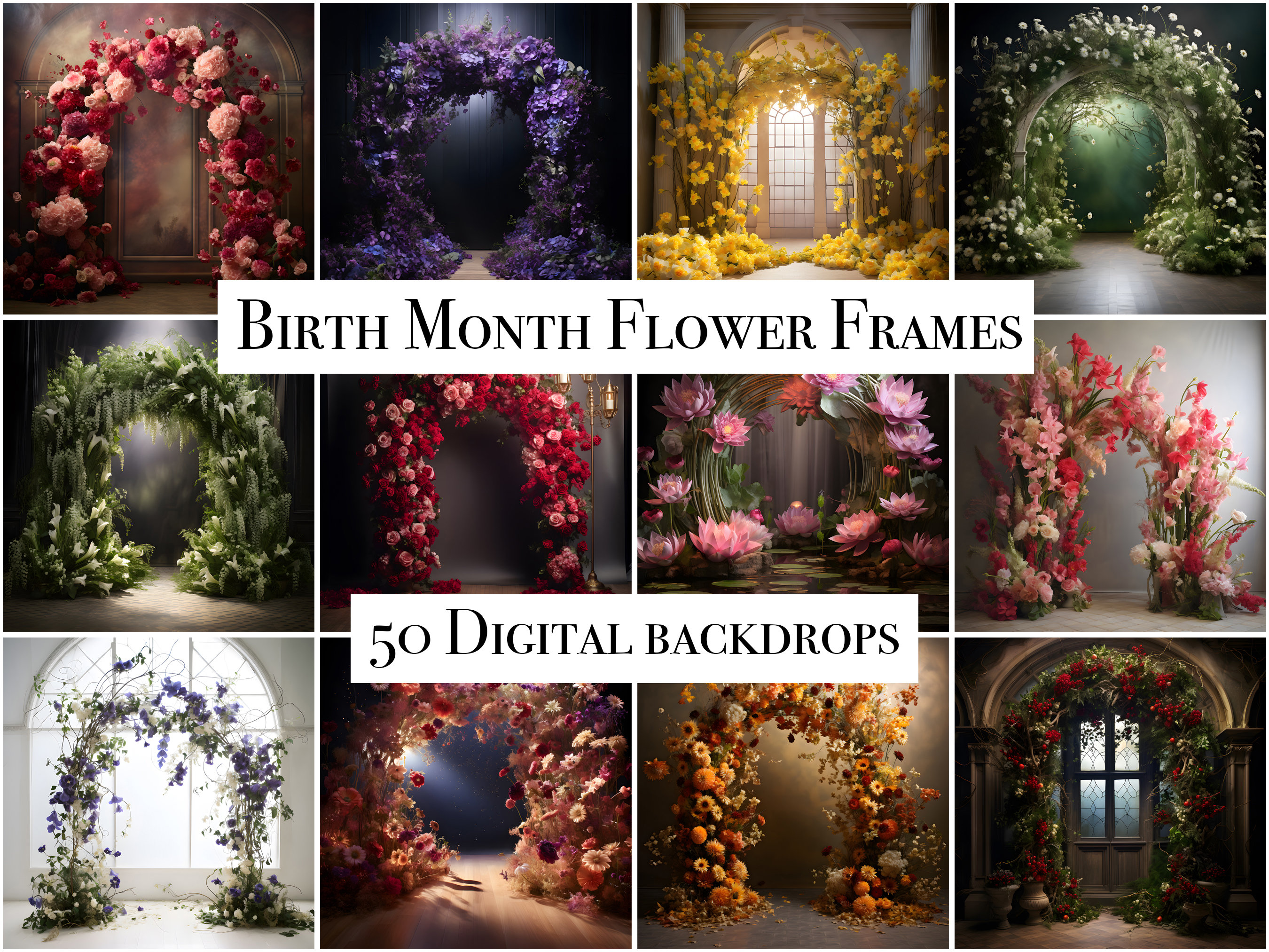 50 Birth Month Flower Frame Digital Backdrops, Studio Overlays ...