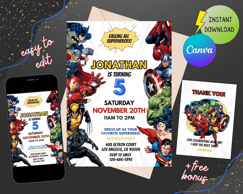 Editable Superhero Birthday Invite, Avengers Birthday Invite, Superhero ...