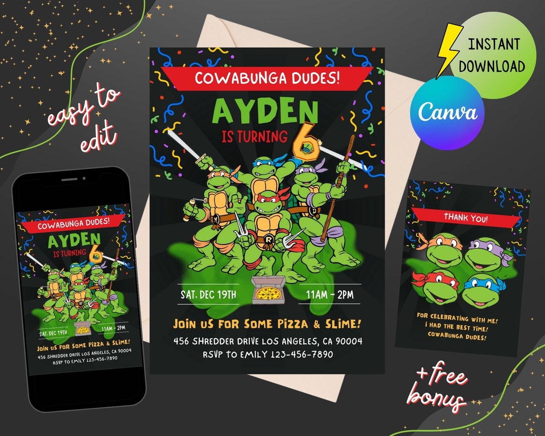 Ninja Turtle Birthday Invite Ninja Turtles Party Slime and - Etsy