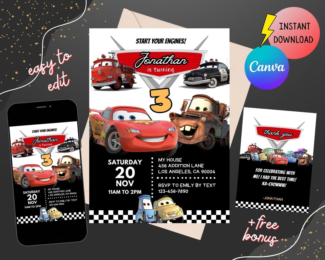 Editable Cars Birthday Invitation, Mcqueen Cars Invite, Lightning ...