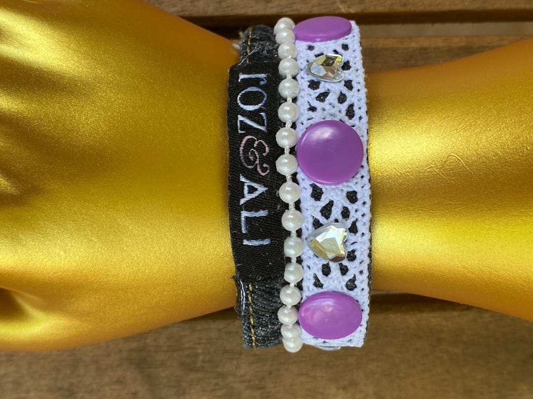 Purple Buttons and Lace Denim Cuff Bracelet, Blue Jeans Fabric, Hippie ...