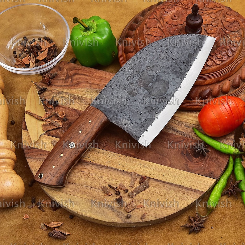 Cleaver Knife Full Tang Hand Forged Serbian Style Wood Handle BBQ Meat ...