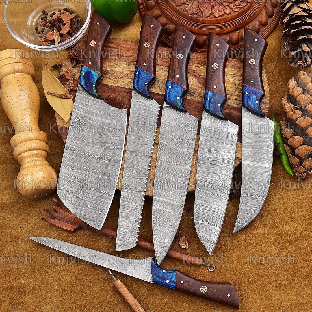 Handmade Damascus Chef Knives Set 6 Pcs Rose Wood Handle Best Gift for ...