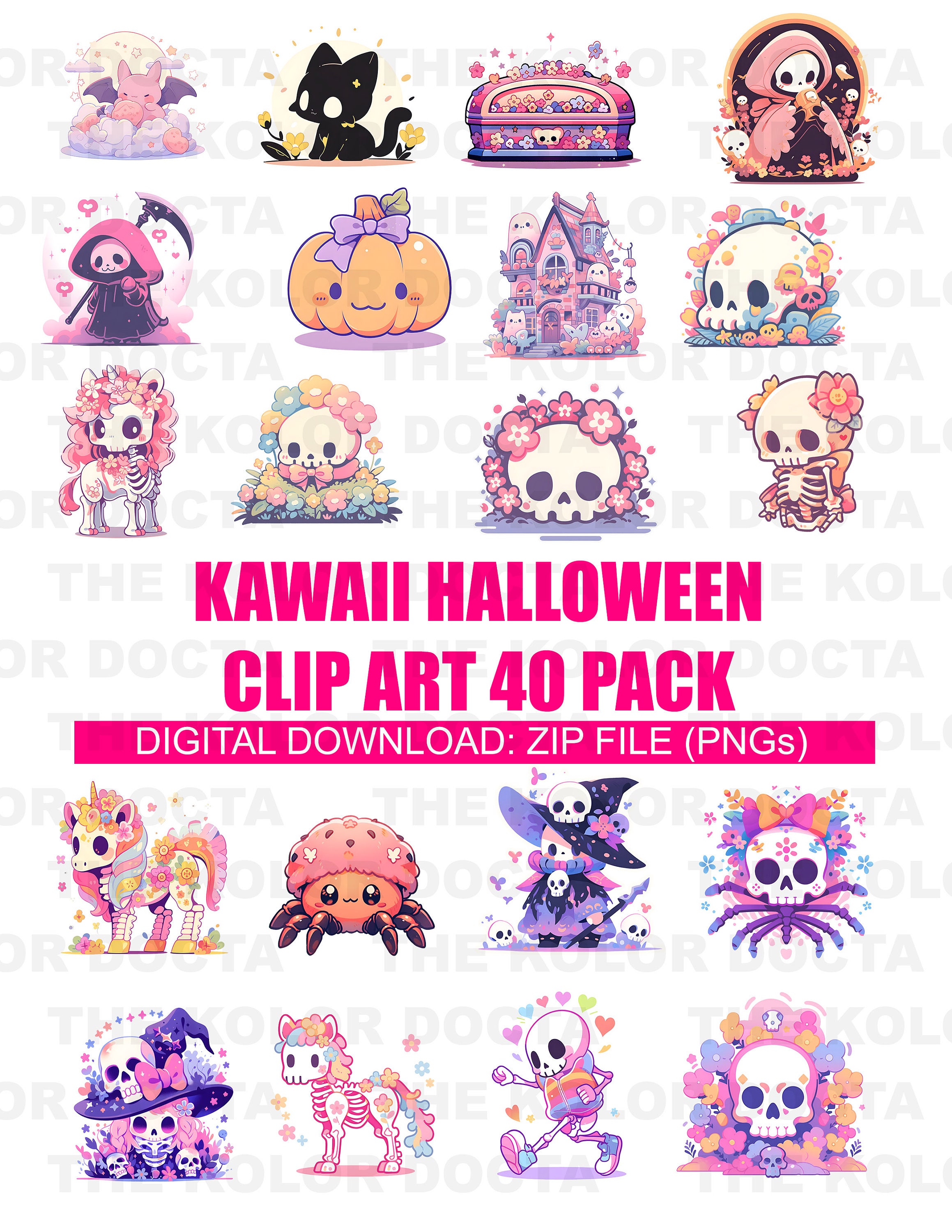 Halloween Kawaii Clipart, Cute Halloween Pastel Clip Art, Kawaii, Witch ...