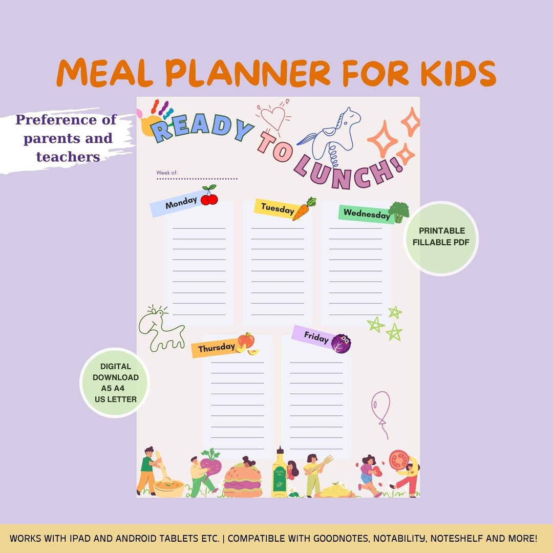 Kids Weekly Meal Planner, Printable Lunch Menu for Children, Colorful ...